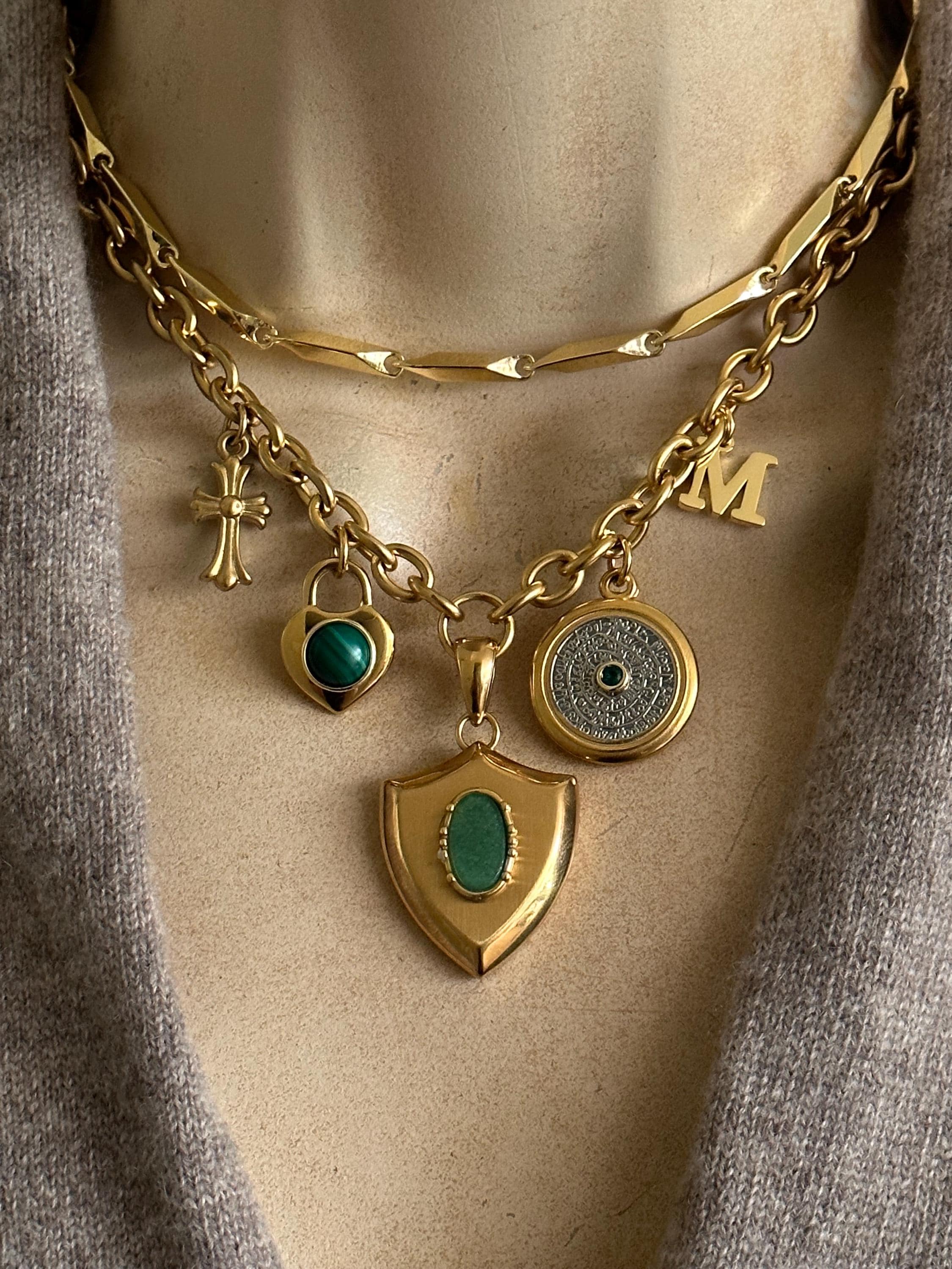 Personalized Green Stone Multi Charm Necklace - Etsy