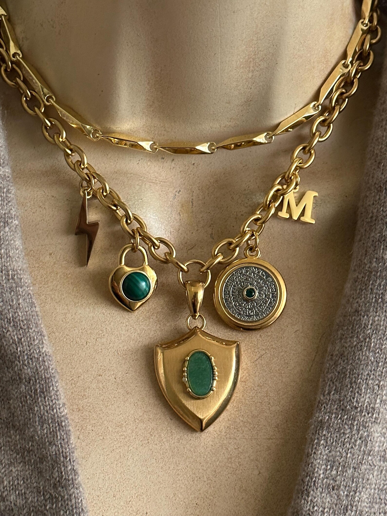 Personalized Green Stone Multi Charm Necklace - Etsy