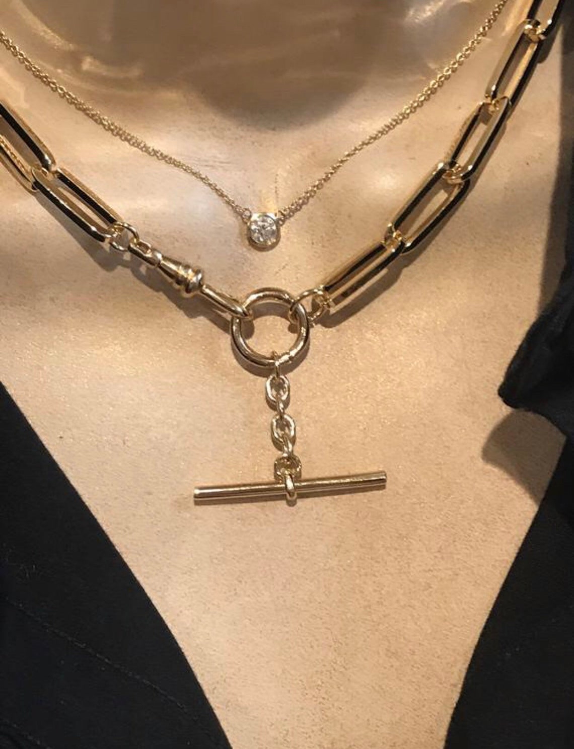 Gold chain T bar pendant | Etsy