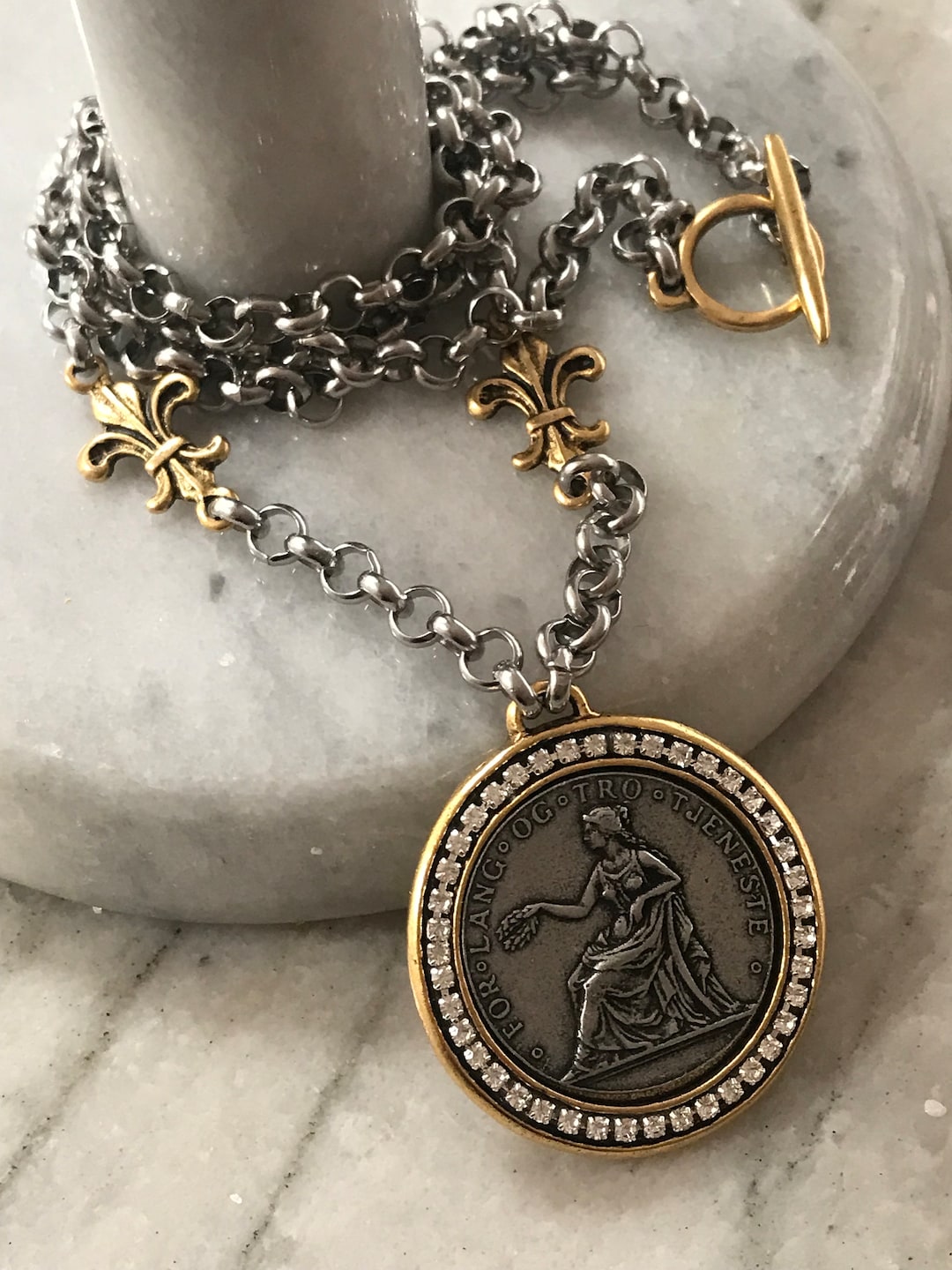 Mix Metal Medallion Long Necklace/ Coin Charm Necklace - Etsy