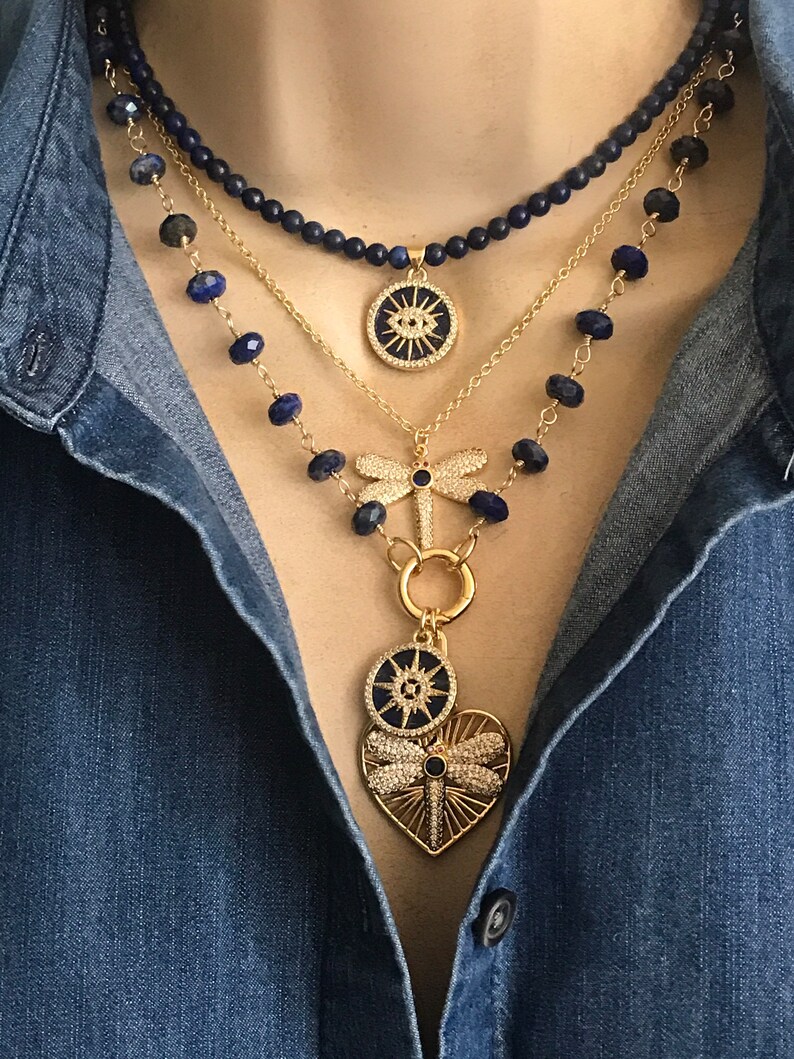 Lapis Dragon Fly Heart Necklace/ Lapis Evil Eye Beaded - Etsy
