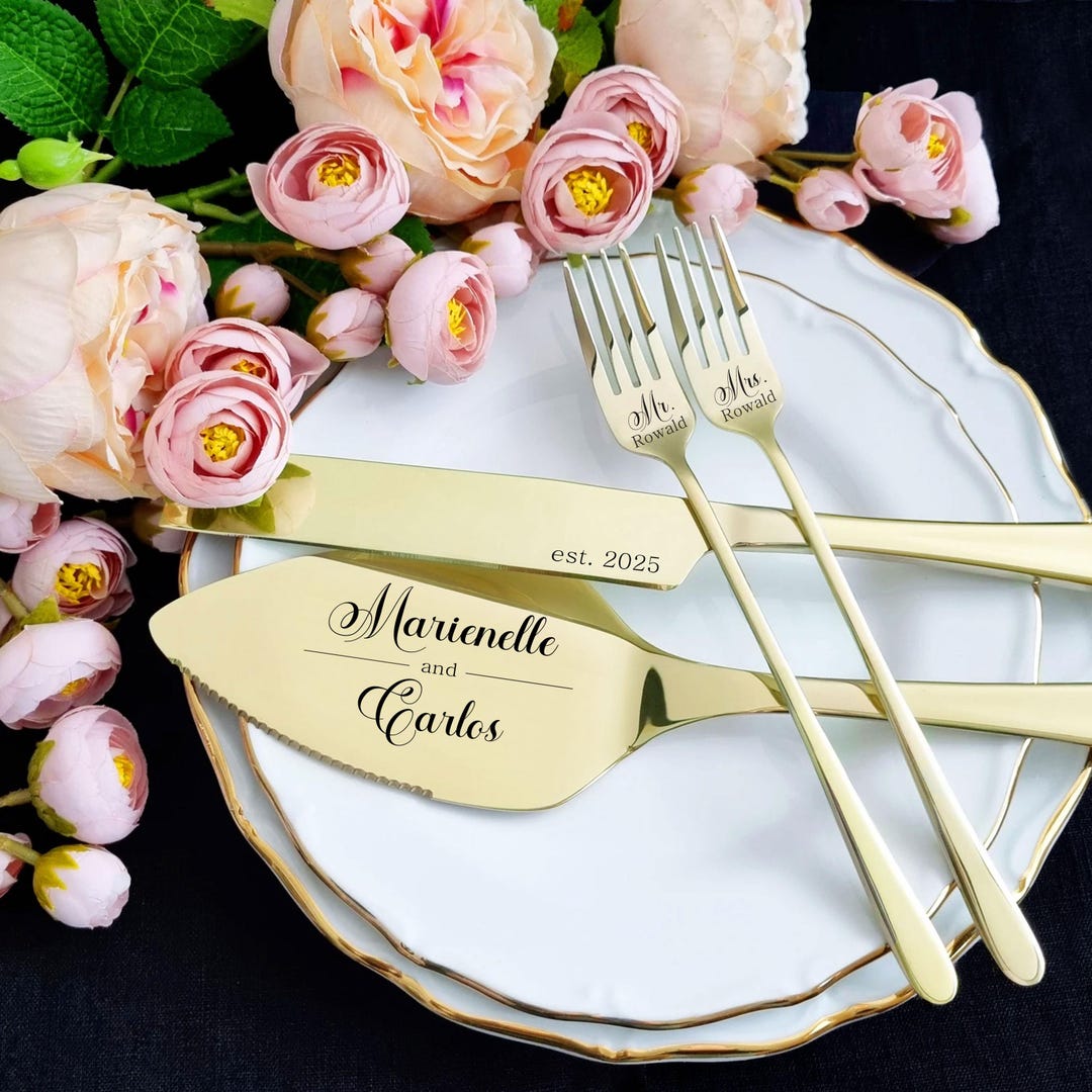 Champagne Gold Wedding Cake Cutter Set: Engraved Knife, Server & Forks ...
