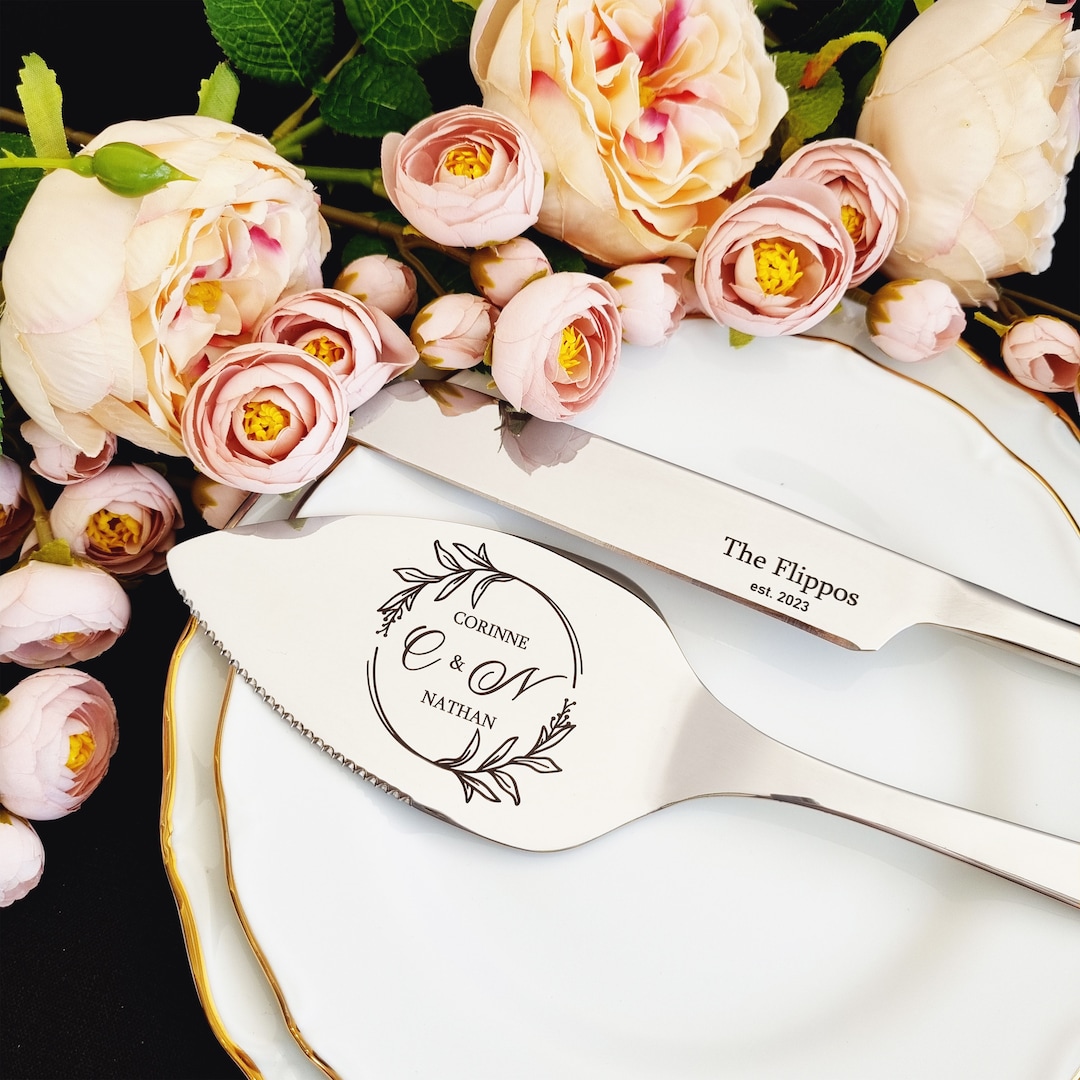Engraved Silver Wedding Cake Cutting Set: Personalized Stainless Steel ...