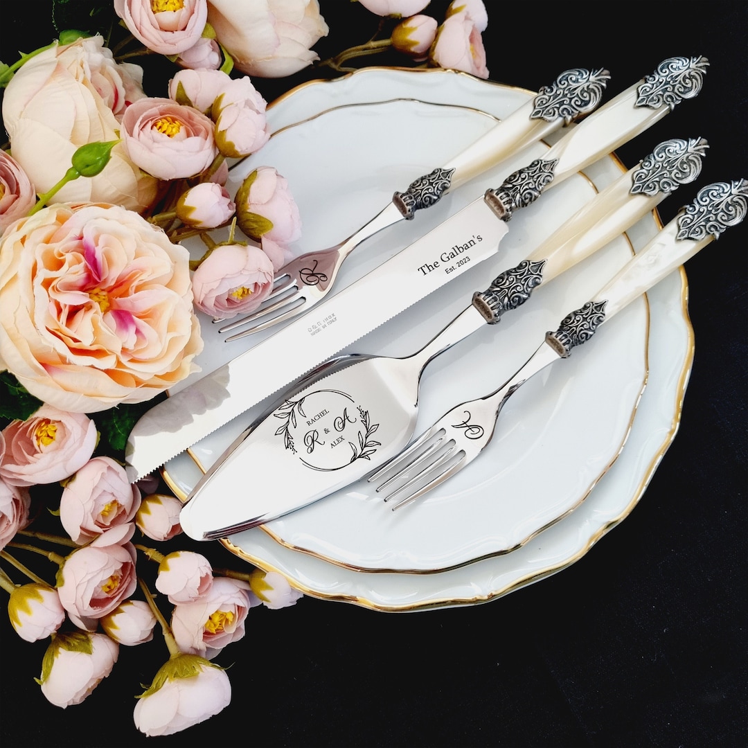 Vintage Old Silver Cake Set 4 Piece Pearl Handle Custom Monogram ...