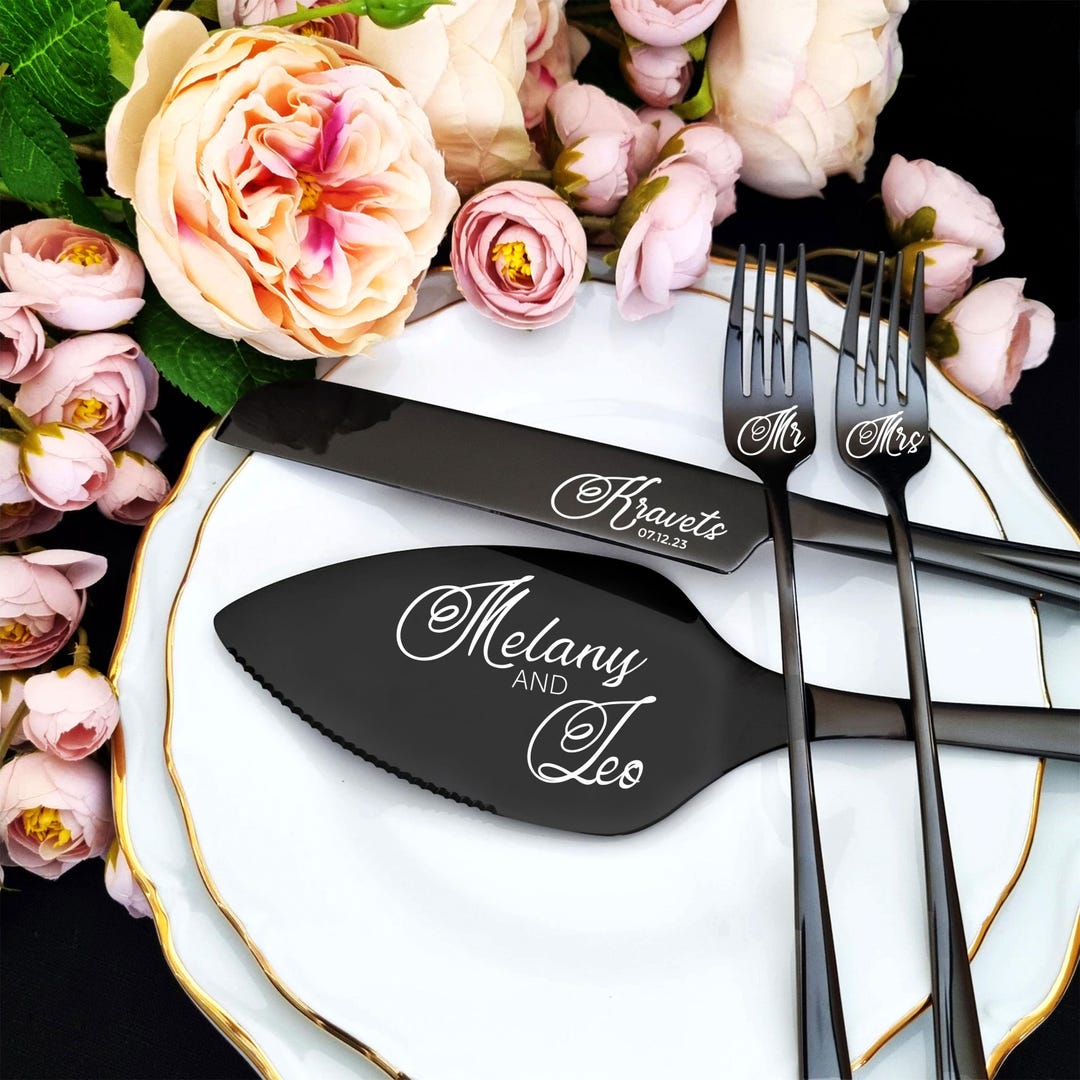 Wedding Cake Cutting Black Set With Forks Elegant Cake Knife Server Set ...