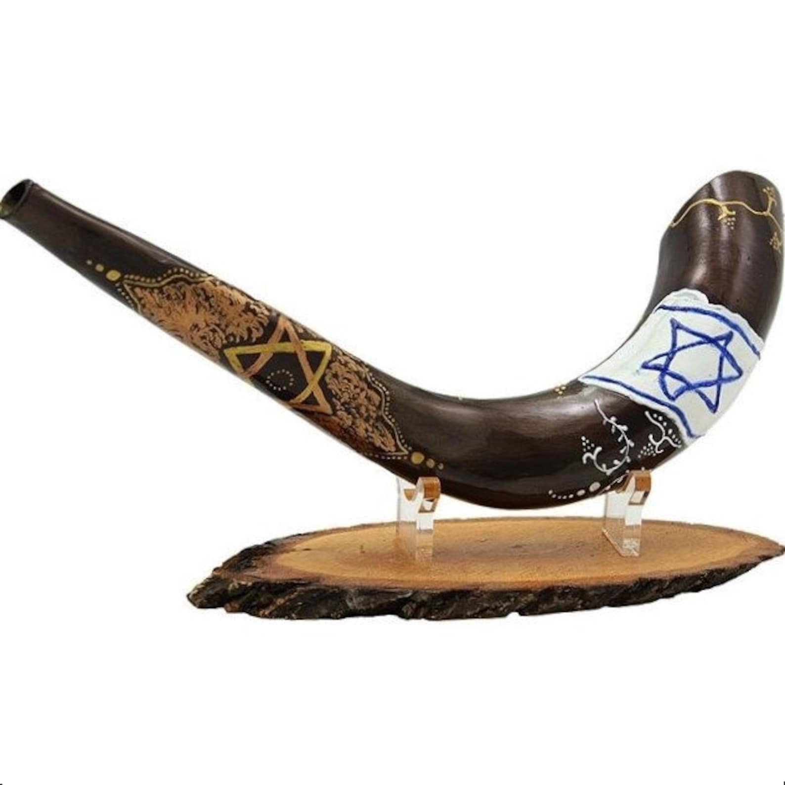 Hand Painted Rams Horn of Israel's Flag + Olive Wood Stand - Etsy