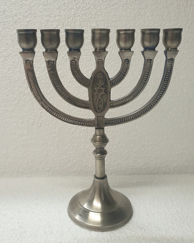 Piuter Small Seven Branches Menorah With Graftitin Symble + Red Strim ...