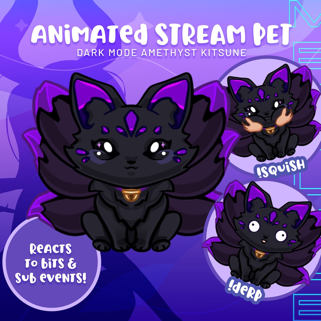 Interactive Dark Mode Amethyst Kitsune Twitch Stream Pet Overlay - Etsy