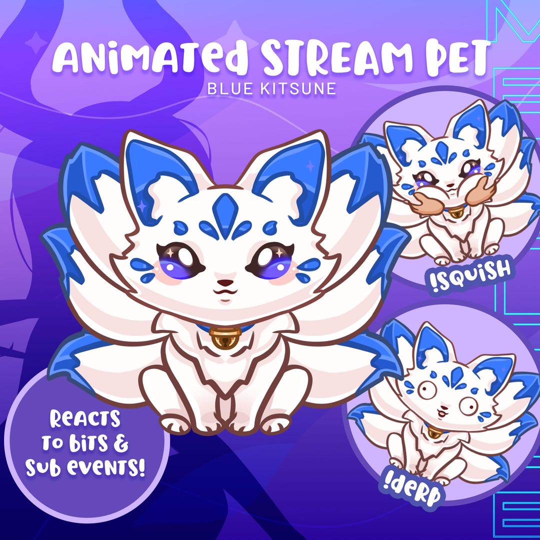 Interactive Blue Kitsune Stream Pet: Chat Reactions, Greetings, Subs ...