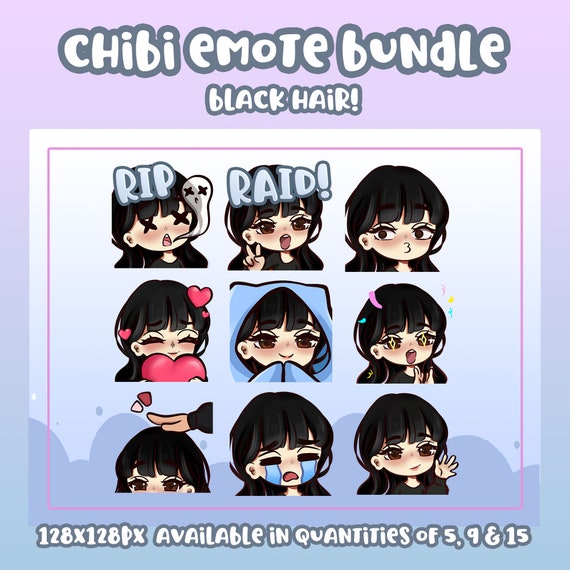 9 Emote Pack Chibi Style Bundle in Black Hair Perfect for | Etsy