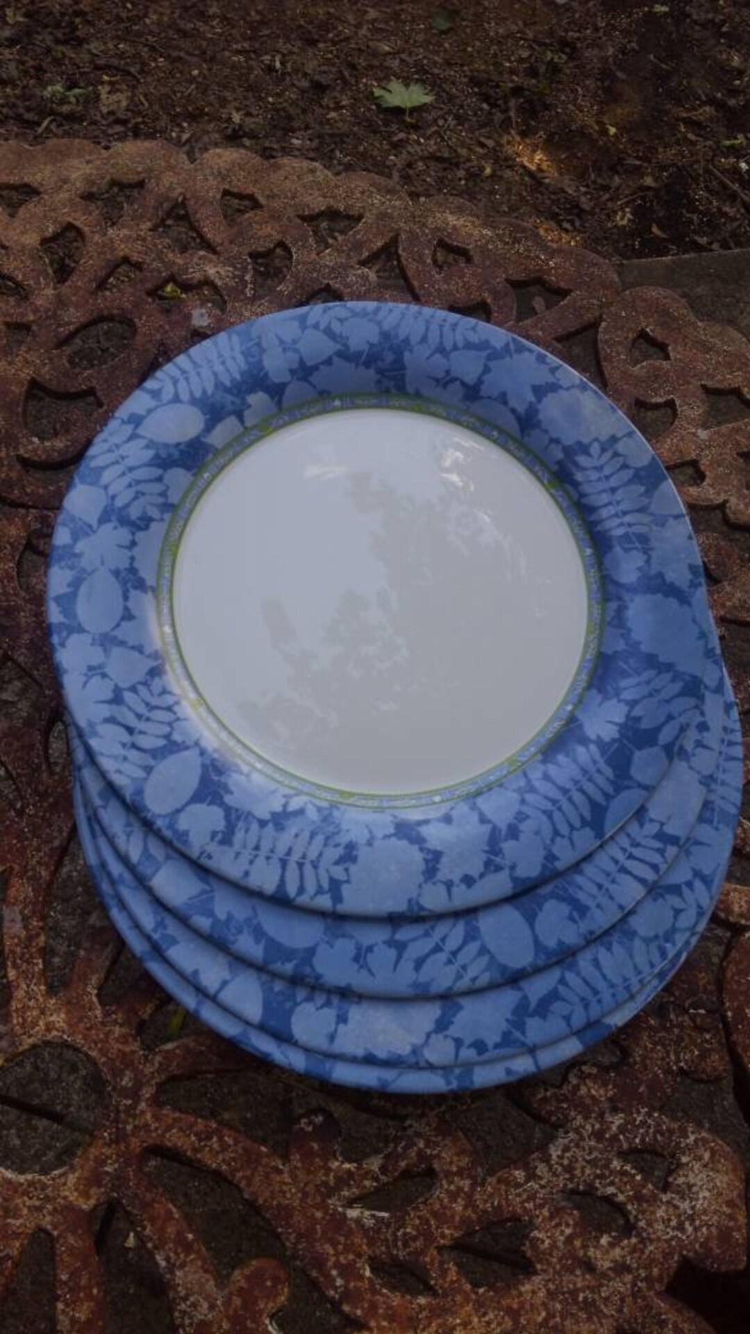 Blue Leaf Design Arcopal Glass Dish Set of Four With Green Accent Trim ...