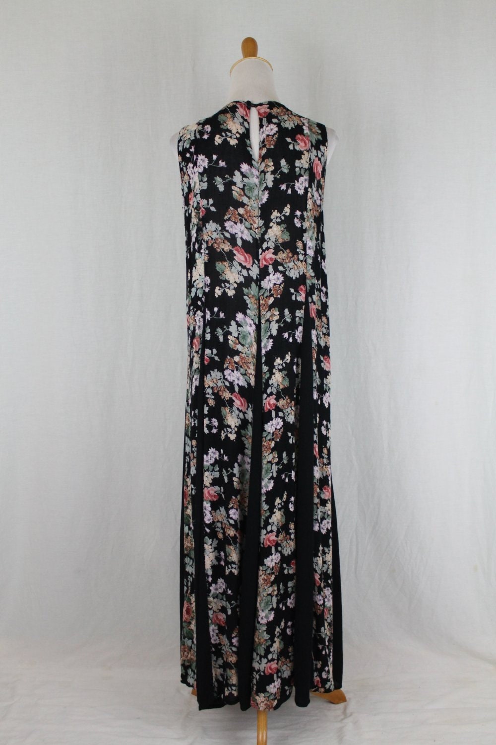 Vintage STARINA Pastel Pink & Black Rose Floral Print Maxi Godet Dress ...