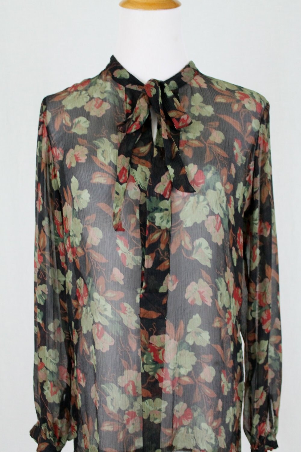 Vintage Ralph Lauren Sheer Black Floral Silk Pussy Bow Neck Tunic Blouse 4 S Etsy