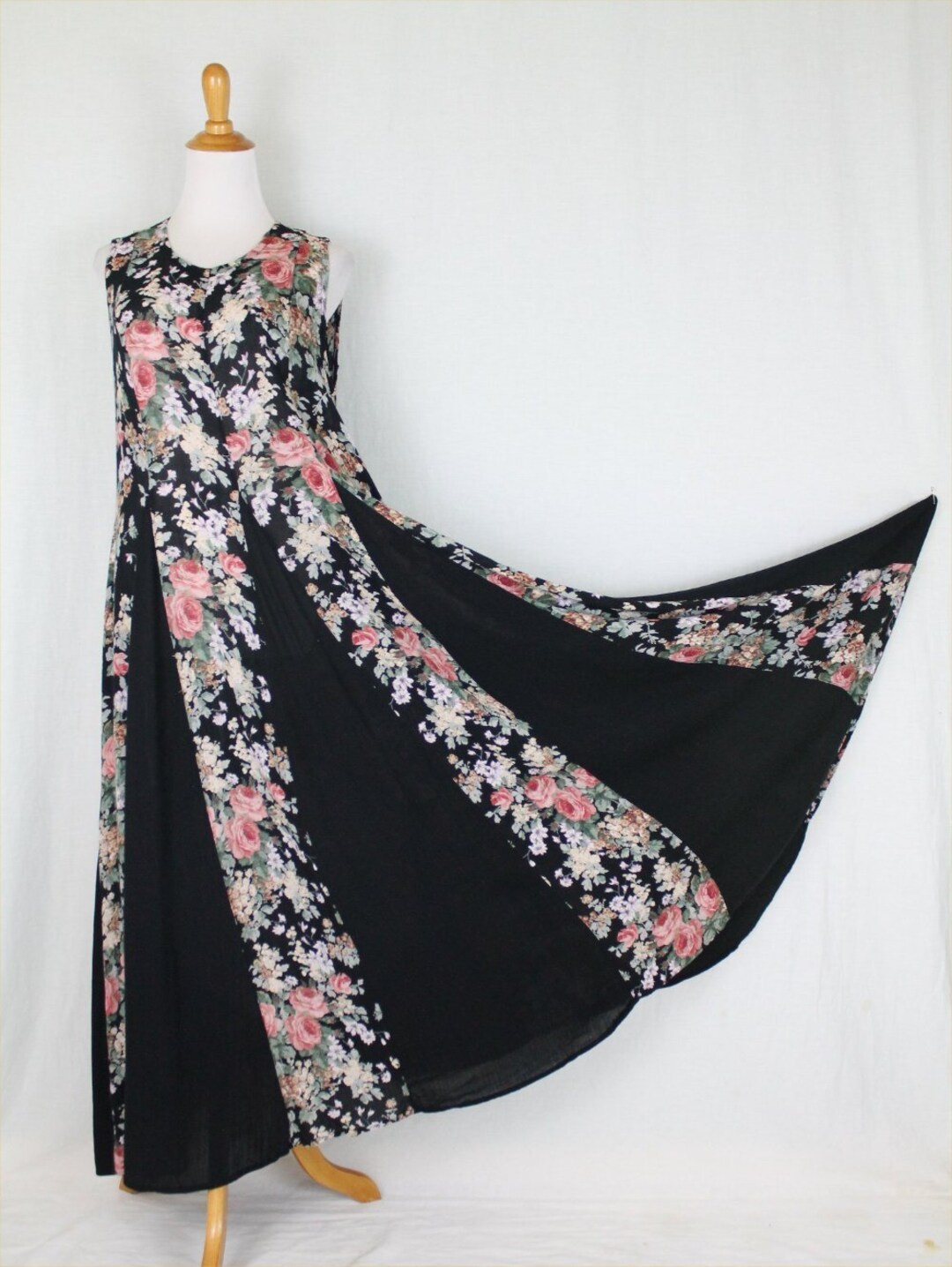 Vintage STARINA Pastel Pink & Black Rose Floral Print Maxi Godet Dress ...