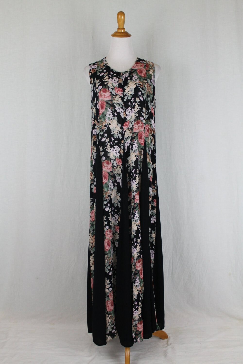Vintage STARINA Pastel Pink & Black Rose Floral Print Maxi Godet Dress ...