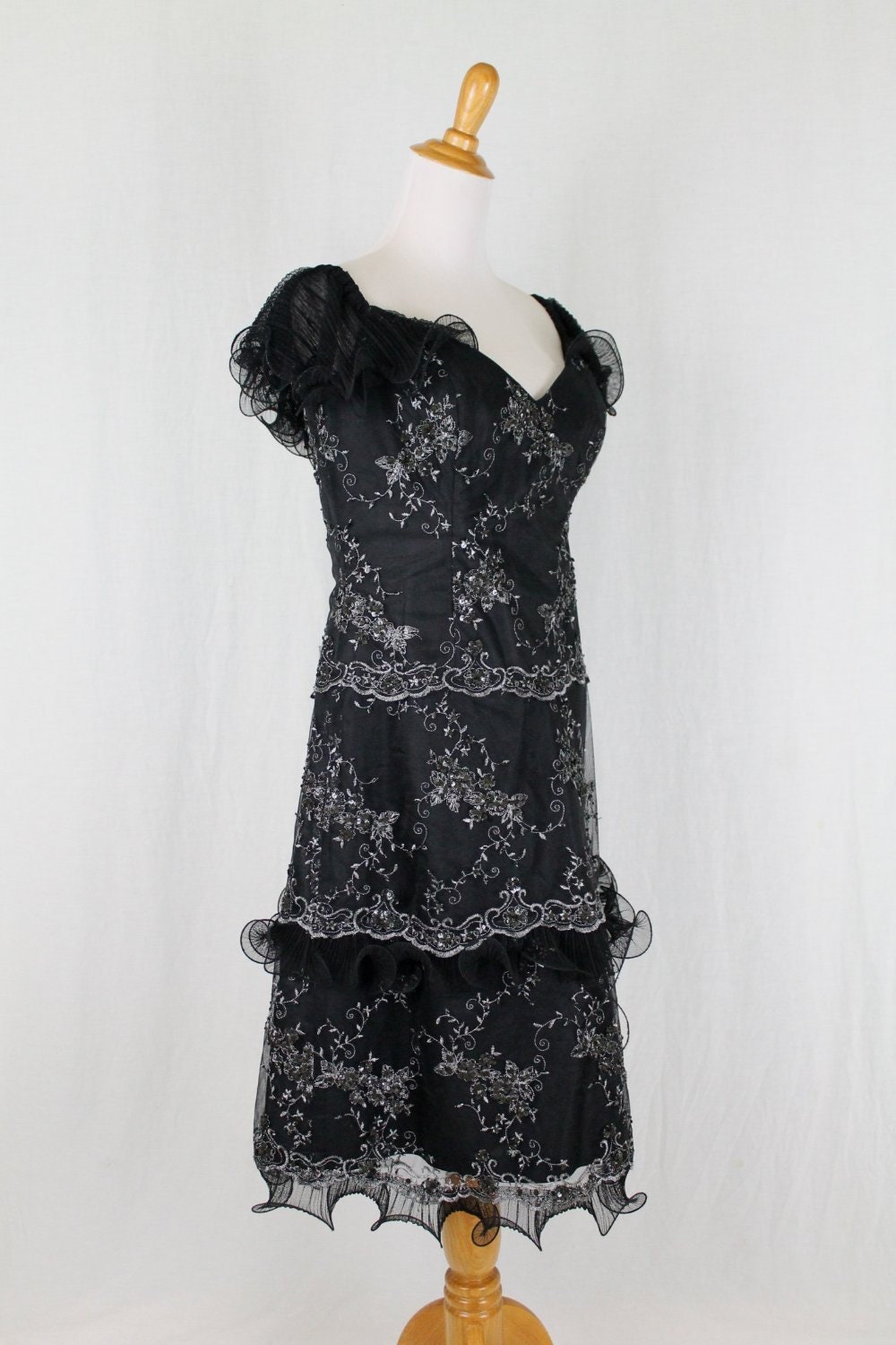 Vintage Edwardian Style Lack and Silver Tulle Lace Tiered Dress With ...