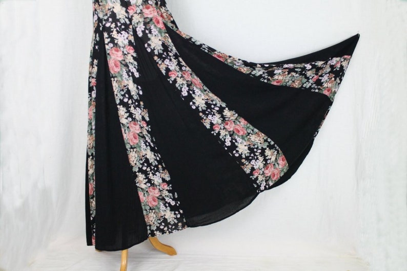 Vintage STARINA Pastel Pink & Black Rose Floral Print Maxi Godet Dress ...