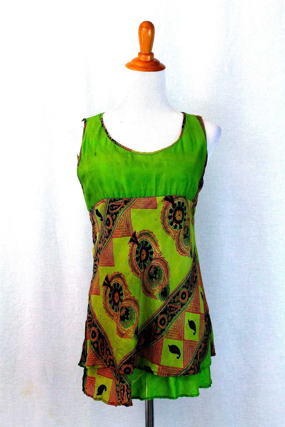 Vintage Green Sari Silk Tunic Top: Empire Waist Sleeveless Blouse - Etsy