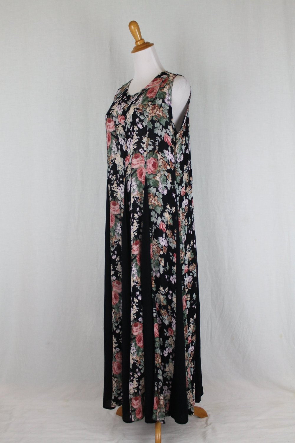 Vintage STARINA Pastel Pink & Black Rose Floral Print Maxi Godet Dress ...