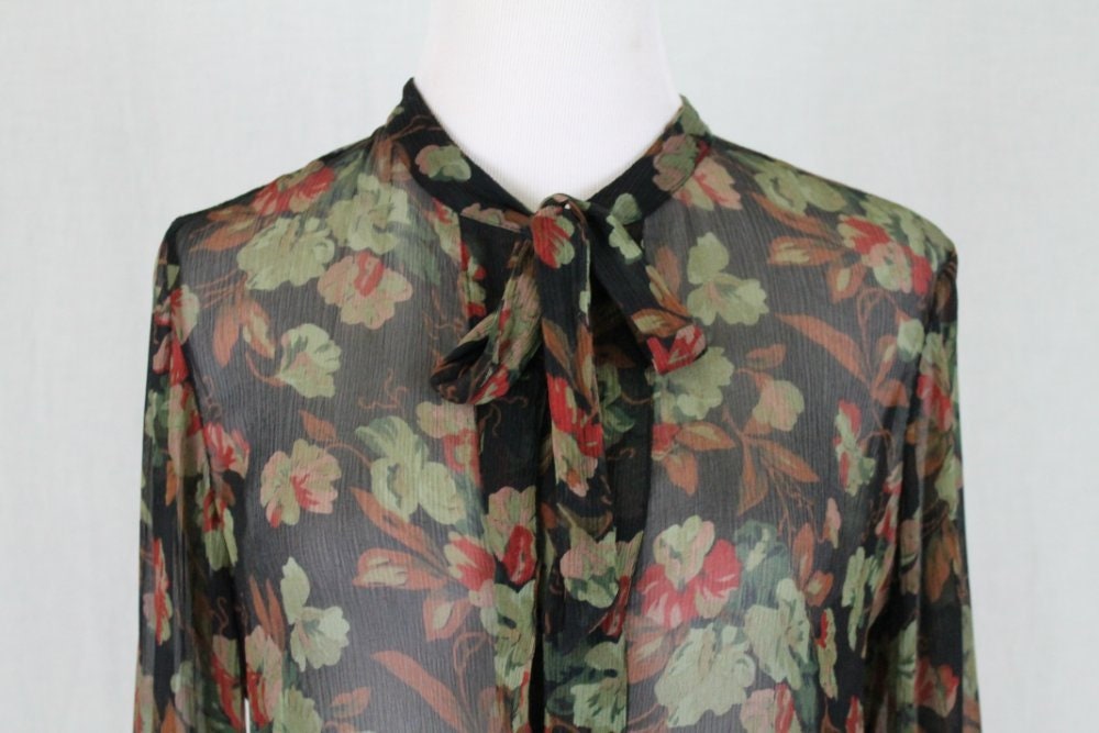 Vintage Ralph Lauren Sheer Black Floral Silk Pussy Bow Neck Tunic Blouse 4 S Etsy