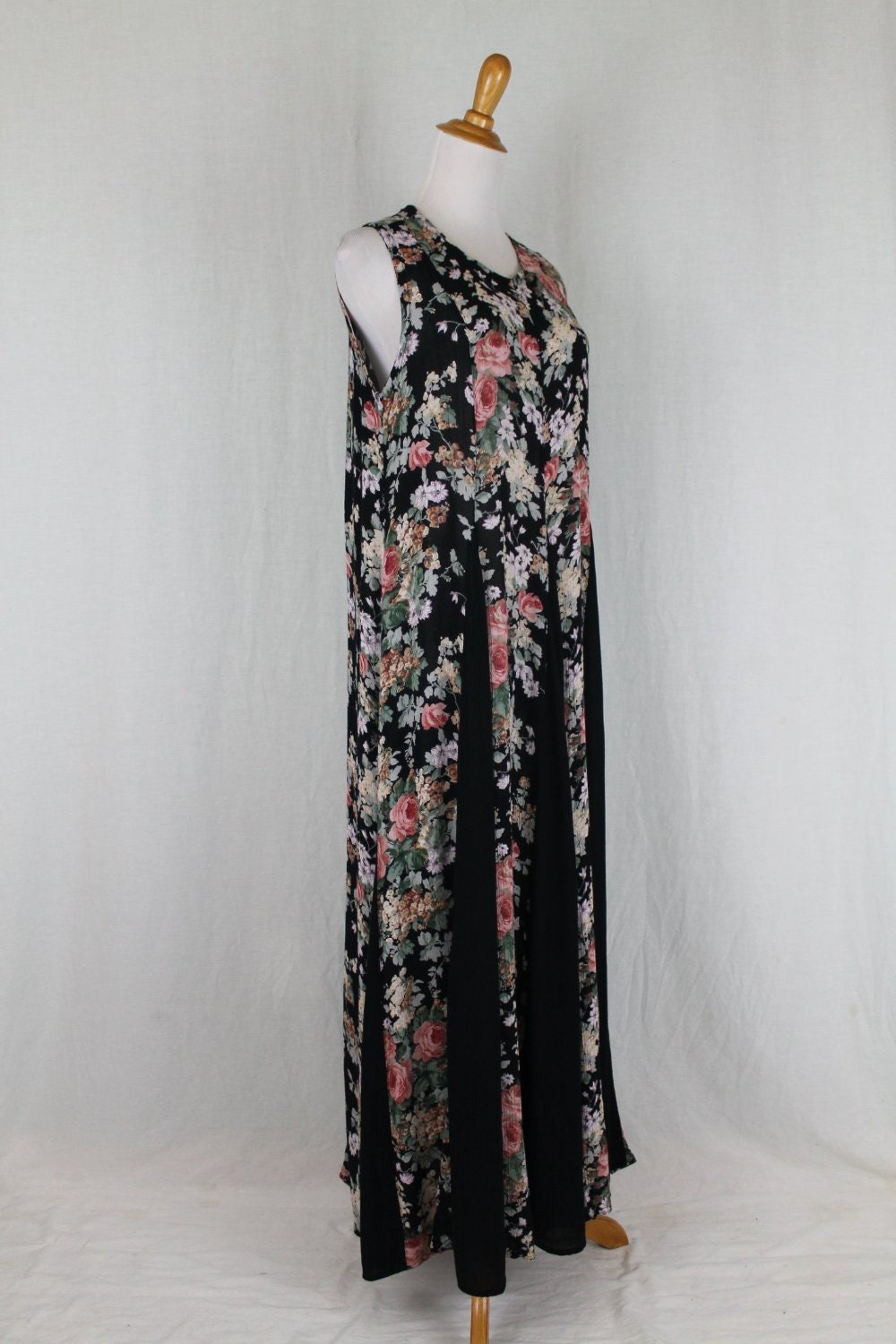 Vintage STARINA Pastel Pink & Black Rose Floral Print Maxi Godet Dress ...
