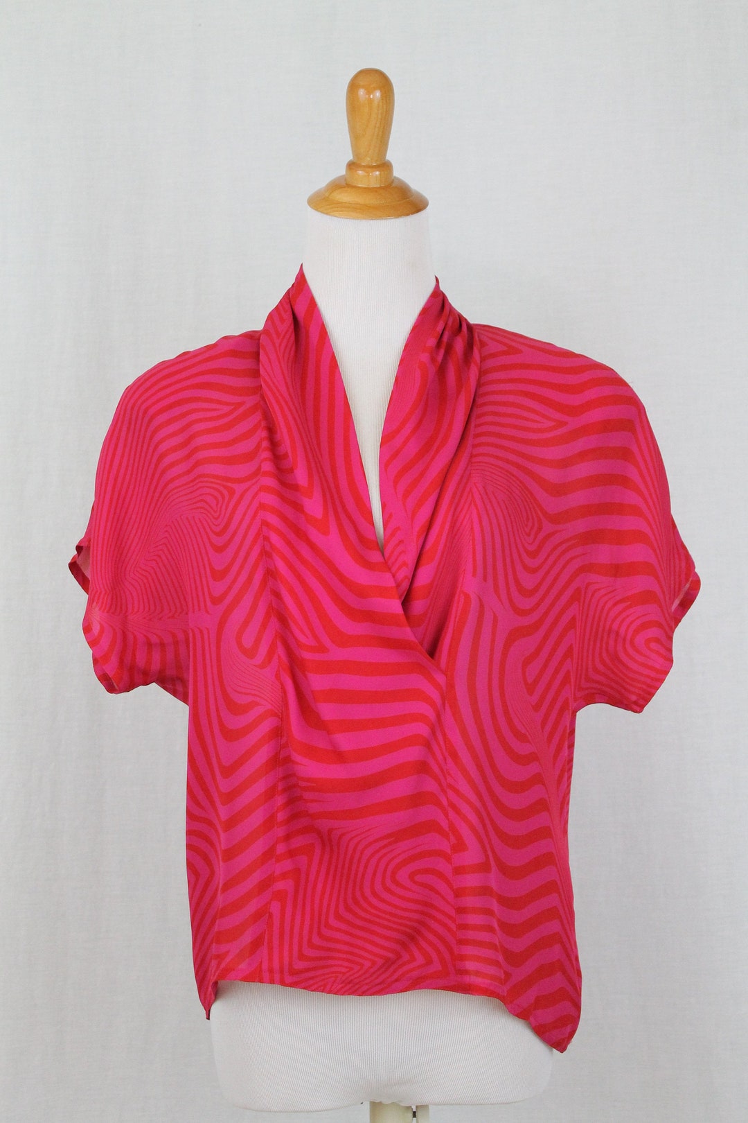 Vintage Michii Moon for Sanyo Pink Swirl Silk Chiffon Surplice Blouse 8 ...