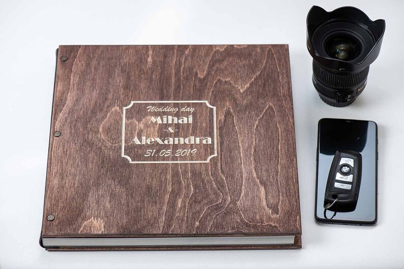 Wedding photo album modern unique photo book engraved wood | Etsy