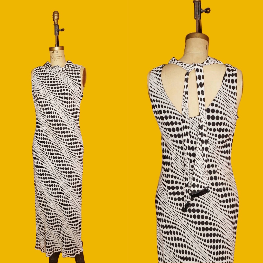 1990s-y2k ROBBIE BEE Cowl Neck Black & White Dots Dotted OP Art Slinky ...
