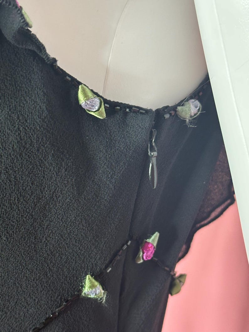 1990s-y2k Vintage SUE WONG Rosebud Silk Chiffon Ruffle ASYMMETRICAL Hem Beaded Black Sleeveless ...