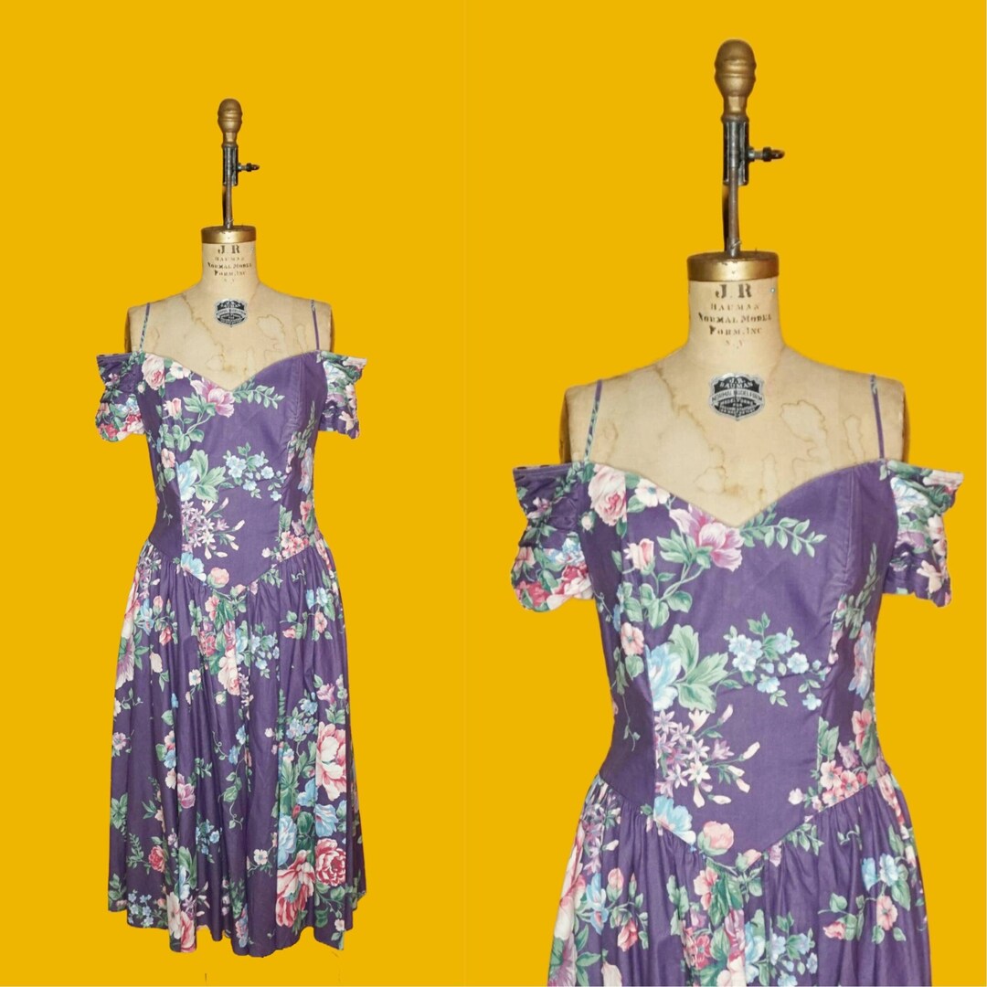 1980s-1990s Purple KARIN STEVENS Floral off Shoulder Smocked Sweetheart ...