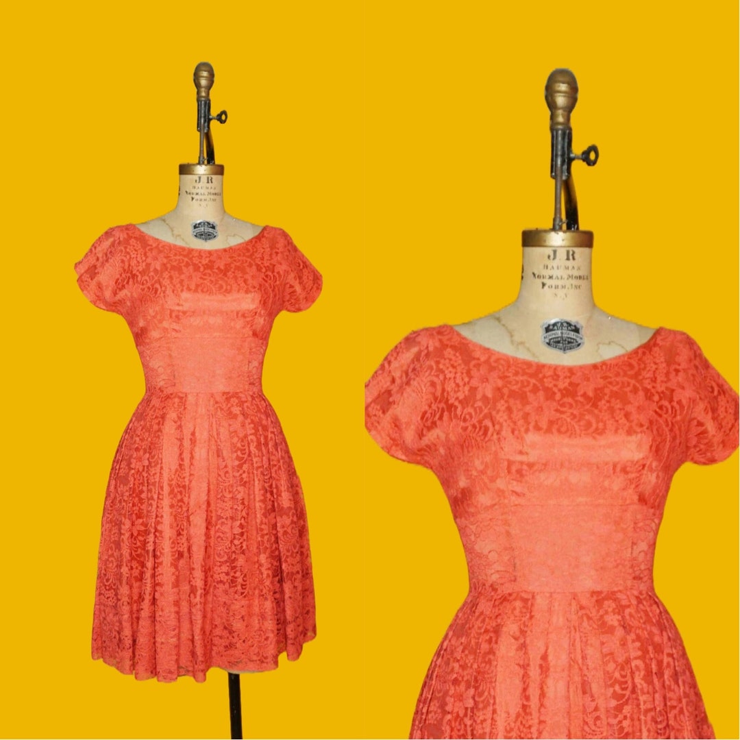 1950s-1960s Red FLORAL LACE Short Sleeve Cocktail PLEATED Fully Lined ...