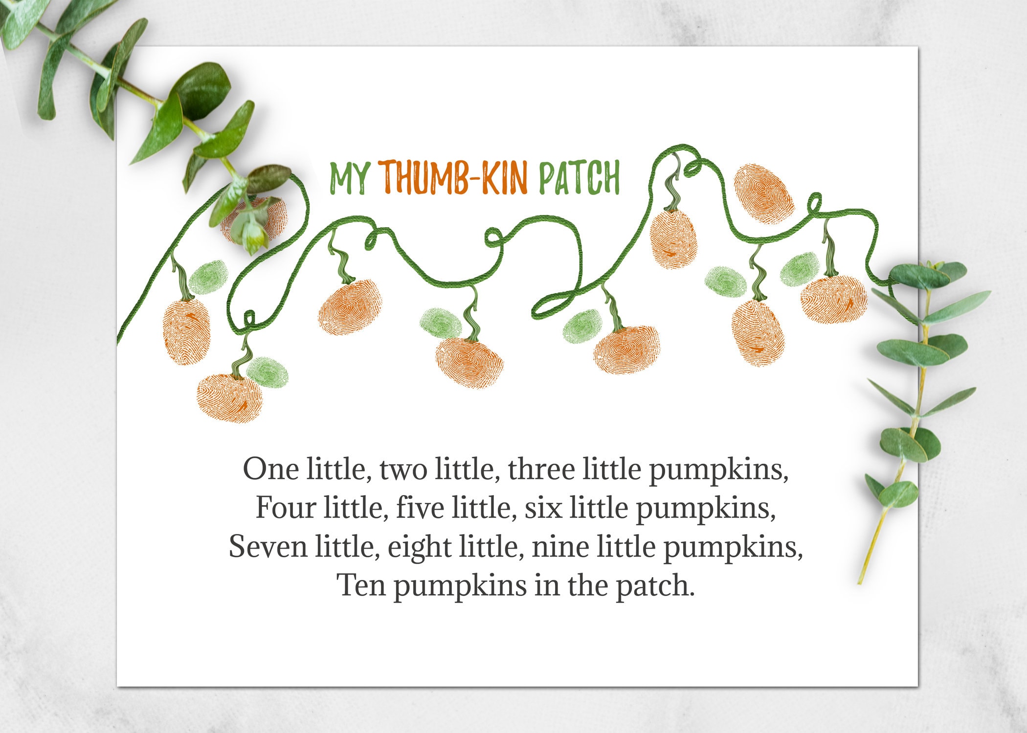 Ten Little Pumpkins Thumbprint Art, Preschool Printable, Kindergarten ...