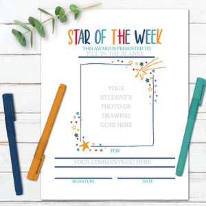 Star of the Week Printable, Star Student Award, Student Achievement ...