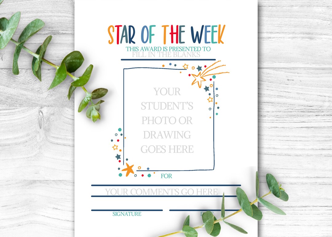 Star of the Week Printable, Star Student Award, Student Achievement ...