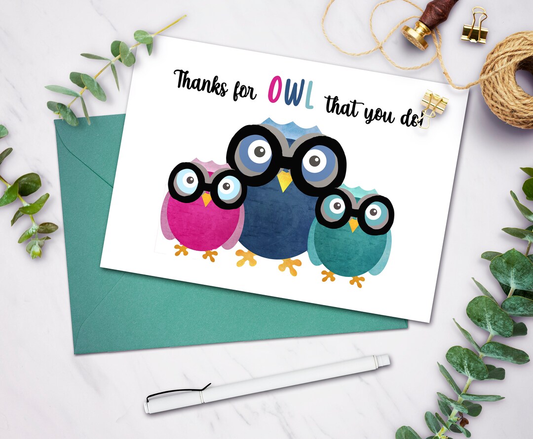 Teacher Thank You Card, Printable Teacher Appreciation Card, Cute Owl ...