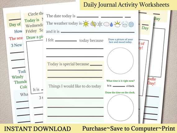 Printable Journal Worksheets for Kids Calendar Activities for | Etsy