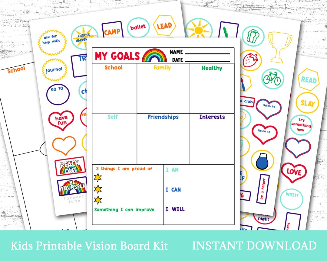 Kids Printable Vision Board Kit, Homeschool Worksheets for Kids, Goal ...