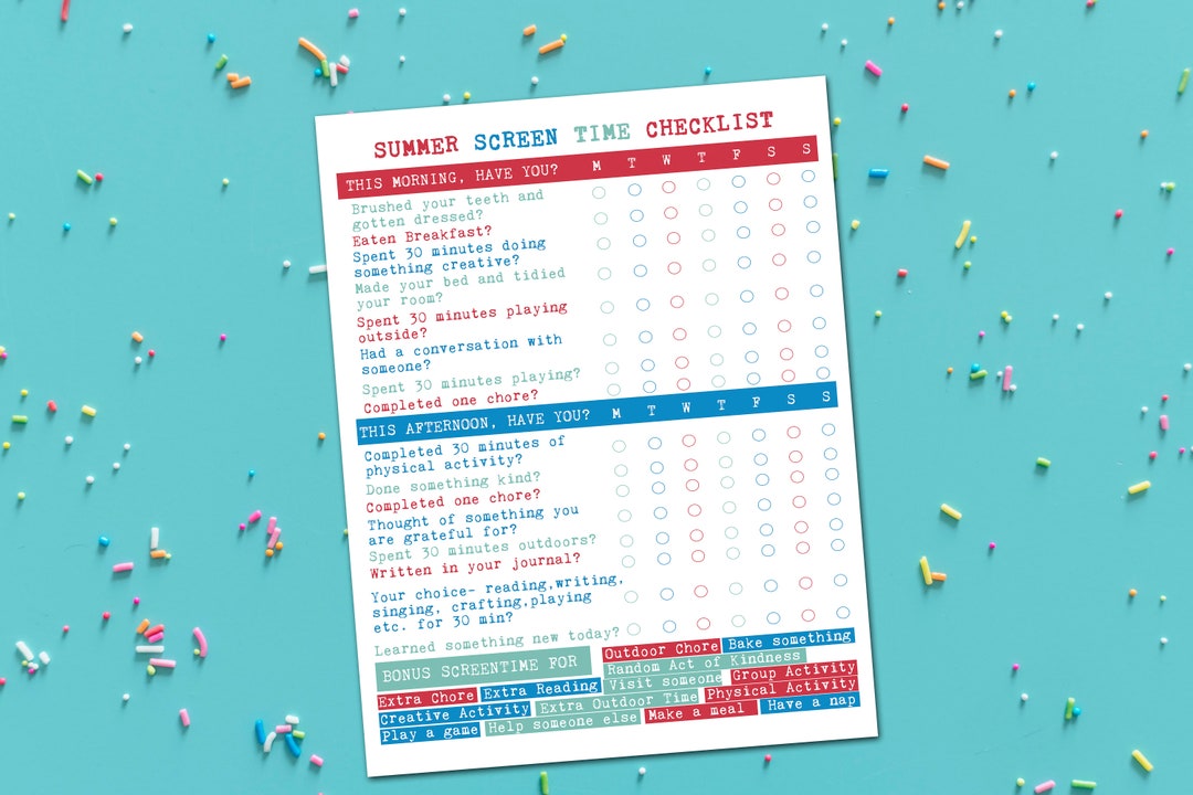 Printable Summer Screen Time Checklist for Kids, Summer Screentime ...