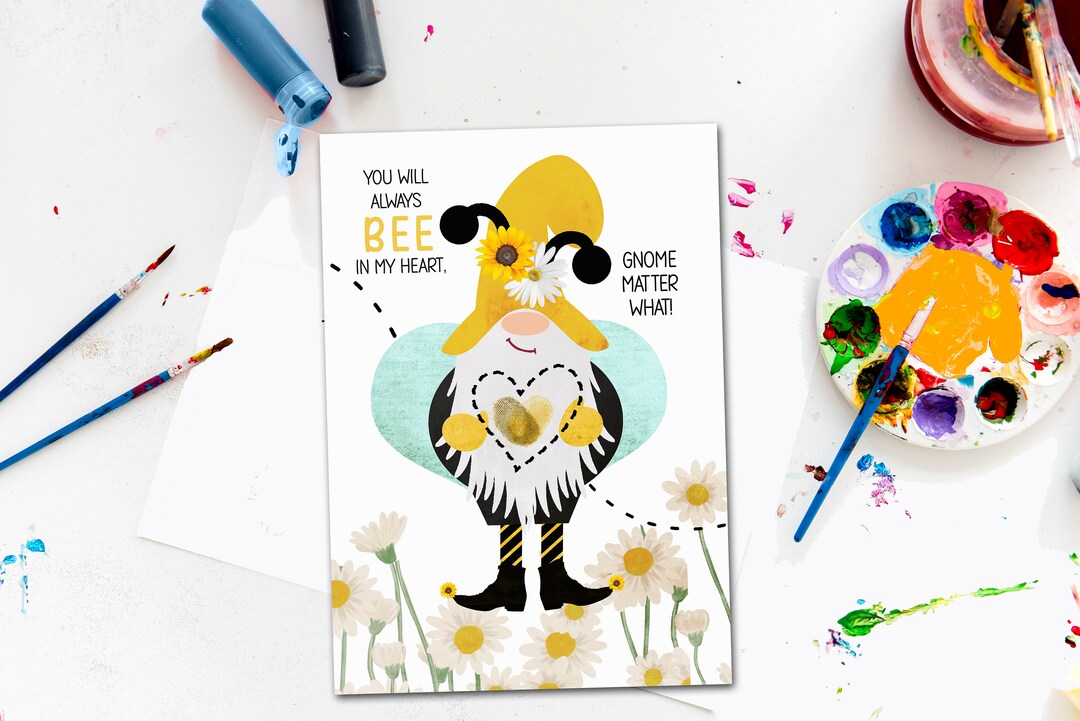 Bee Gnome Thumbprint Art, Printable Spring Card, DIY Kids Craft ...