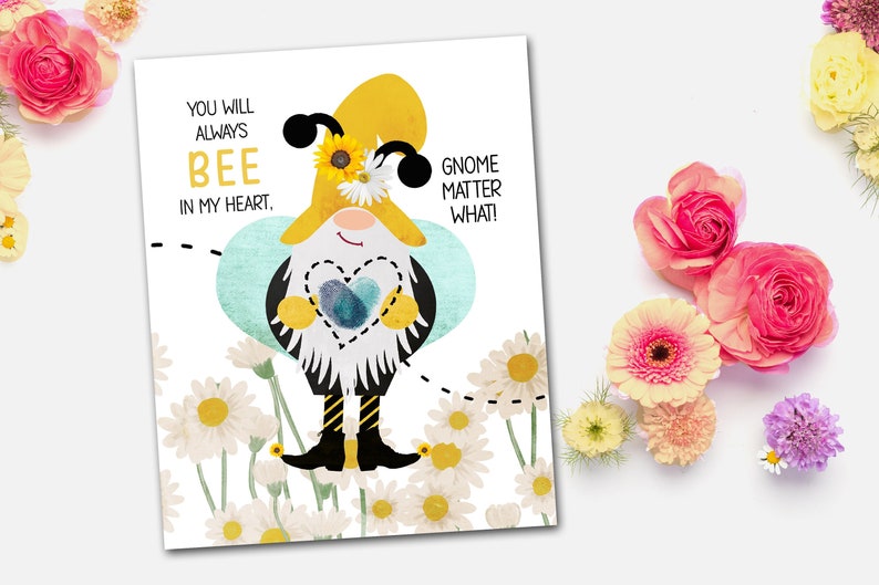 Bee Gnome Thumbprint Art Printable Spring Card DIY Kids - Etsy