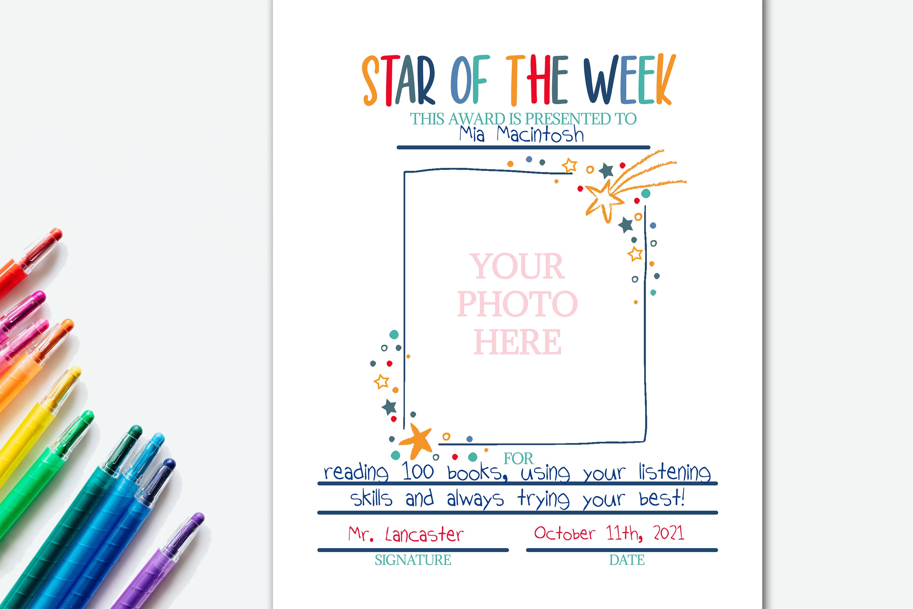 Star of the Week Printable, Star Student Award, Student Achievement ...