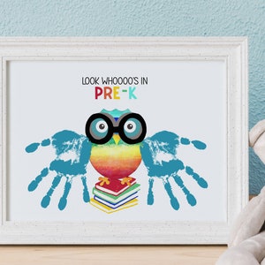 1st Day of Preschool Owl Handprint Art, Printable Rainbow Theme Craft ...