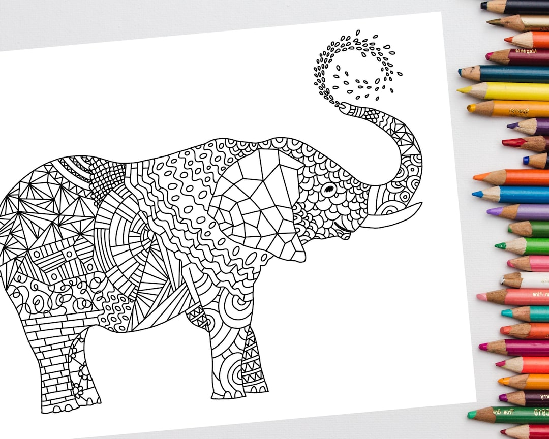 Elephant Adult Coloring Page - Zentangle Download - Etsy