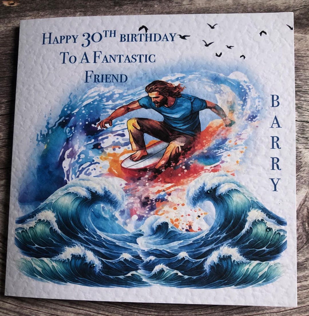 Surfing Happy Birthday Card, Handmade and Personalised, Any Age, Any ...