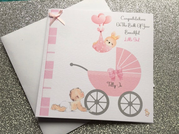 Handmade Personalised Handmade New Baby Card 'Floral Pram' Handmade