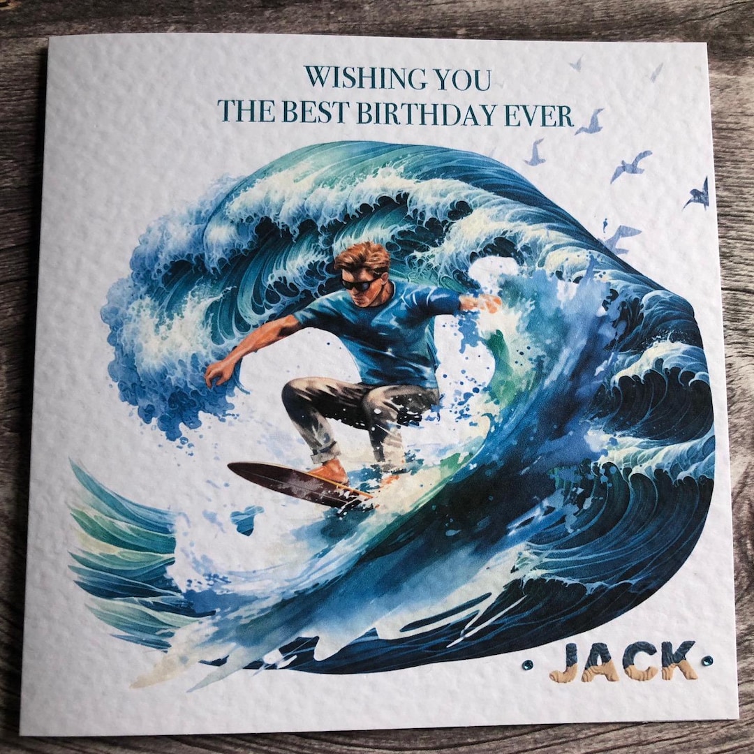 Surfing Happy Birthday Card, Handmade and Personalised, Any Age, Any ...