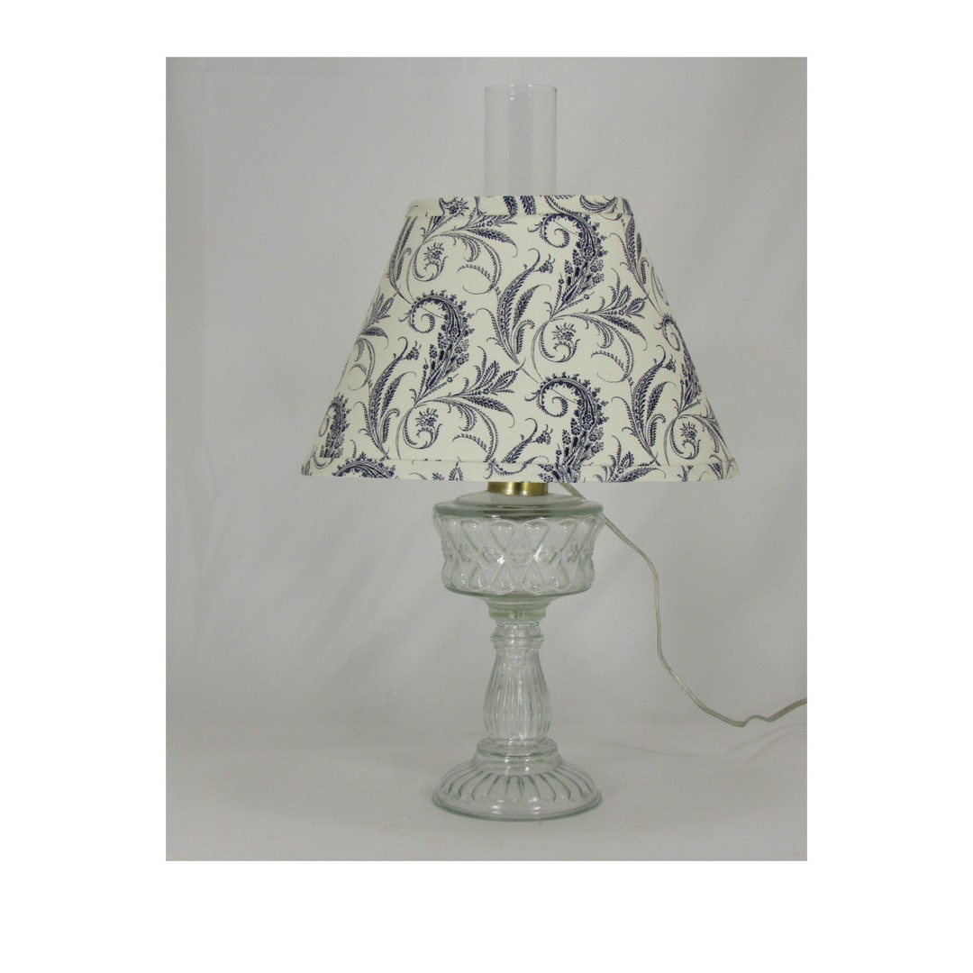 Reproduction Pressed Glass Accent Lamp With Blue Paisley Oval Chimney ...
