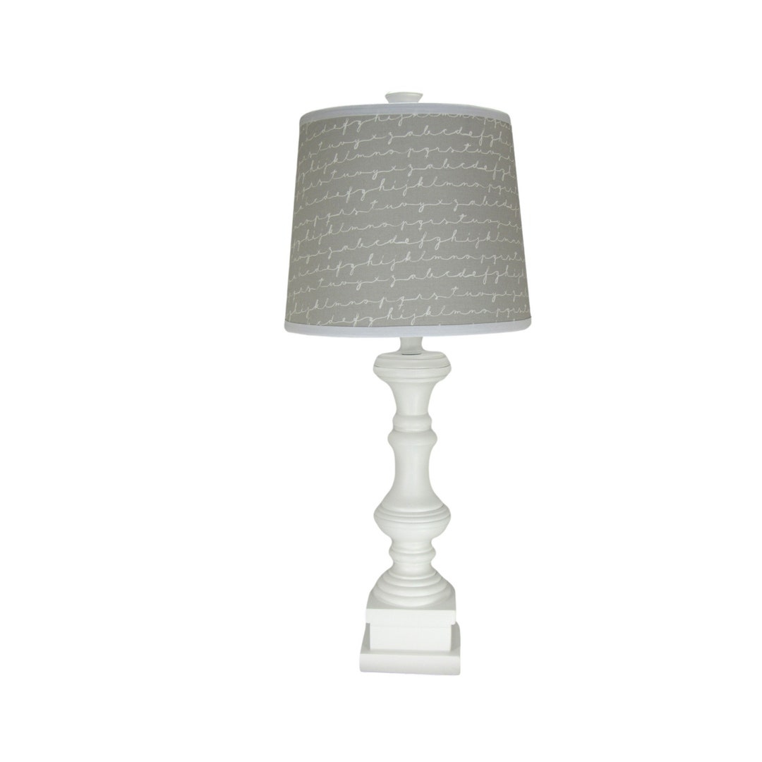 White Spindle Table Lamp With Alphabet Script Print Lamp Shade - Etsy