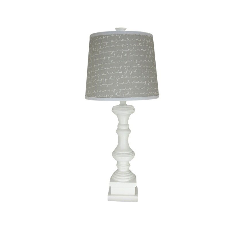 White Spindle Table Lamp With Alphabet Script Print Lamp Shade - Etsy