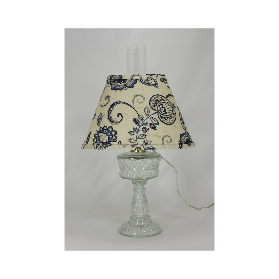 Reproduction Pressed Glass Accent Lamp With Blue Floral Oval Chimney ...